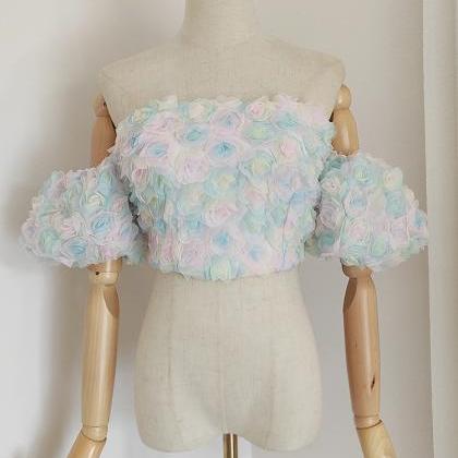 Sexy, Unique,off-the-shoulder Top, Puffy Sleeves, Colored Mesh ...