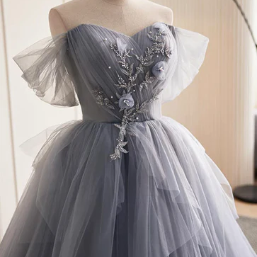 Glam Blue-grey Tulle With Lace Applique Long Party Dress, Tulle Formal ...