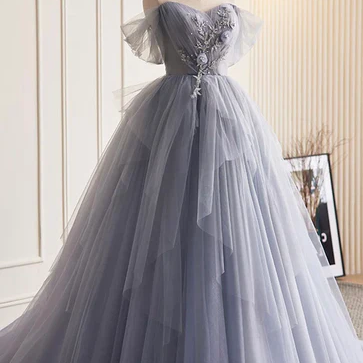 Glam Blue-grey Tulle With Lace Applique Long Party Dress, Tulle Formal ...