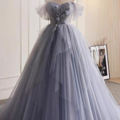 Glam Blue-grey Tulle With Lace Applique Long Party Dress, Tulle Formal ...