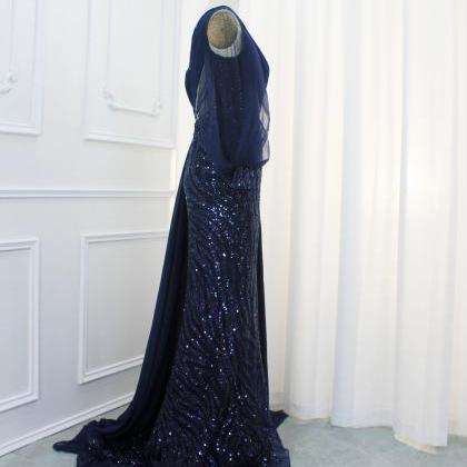 One-shoulder Navy Blue Sequined Evening Gown on Luulla