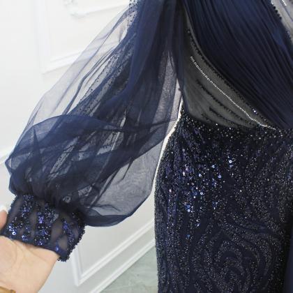 One-shoulder Navy Blue Sequined Evening Gown on Luulla