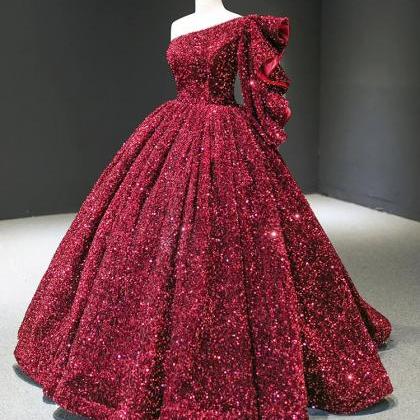 Sparkling Ruby Red One-shoulder Evening Gown on Luulla