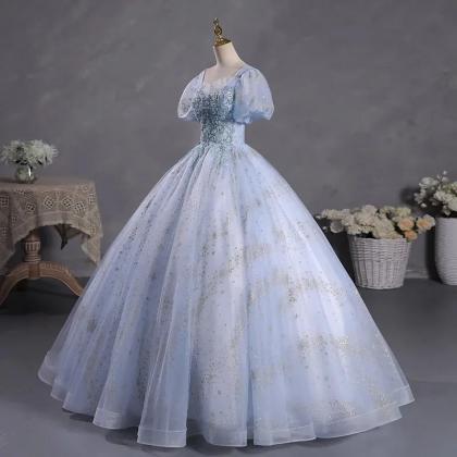 Elegant Light Blue Sparkling Princess Dress For Girls On Luulla
