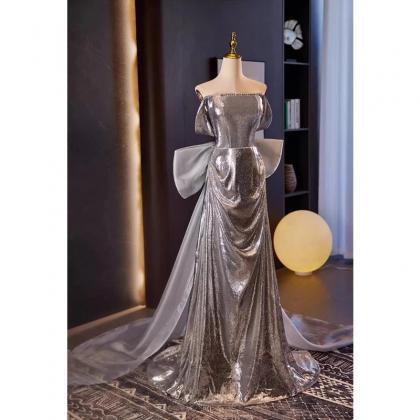 Elegant Silver Off-shoulder Evening Gown Dress on Luulla