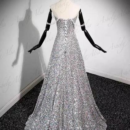 Sparkling Silver Gown With Shoulder Strap Design on Luulla