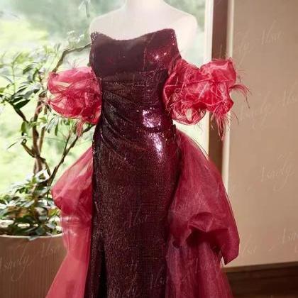 Sequin Burgundy Gown With Dramatic Tulle Sleeves on Luulla