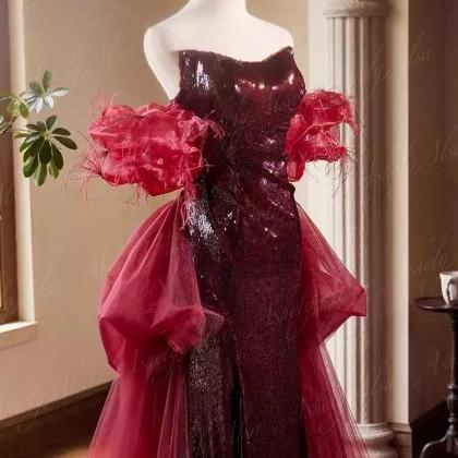 Sequin Burgundy Gown With Dramatic Tulle Sleeves on Luulla