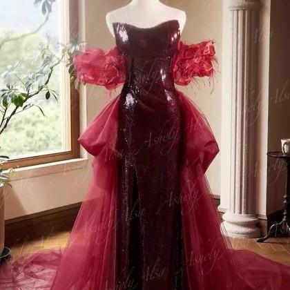 Sequin Burgundy Gown With Dramatic Tulle Sleeves on Luulla