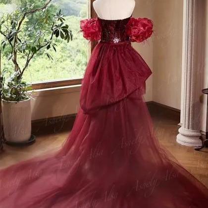 Sequin Burgundy Gown With Dramatic Tulle Sleeves on Luulla