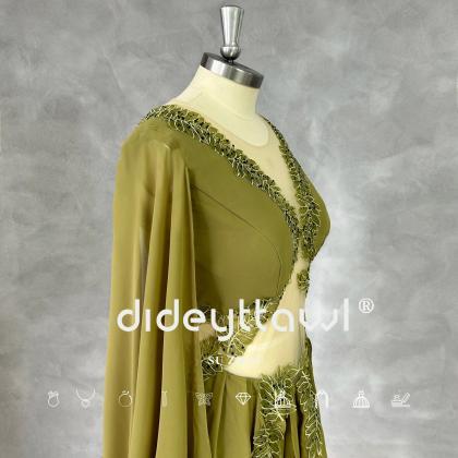 Glamorous Olive Green Gown With Intricate Lace Detailing on Luulla