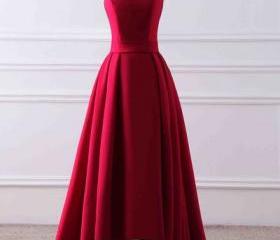Red Matte Satin Prom Dress,round Neck High Low Train Evening Dress on ...