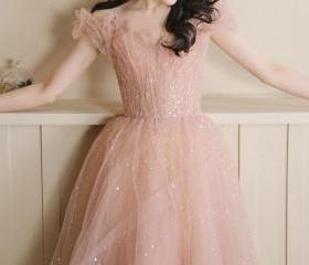 Shiny Party Dress,fairy Midi Dress, Pink Prom Dress,custom Made on Luulla