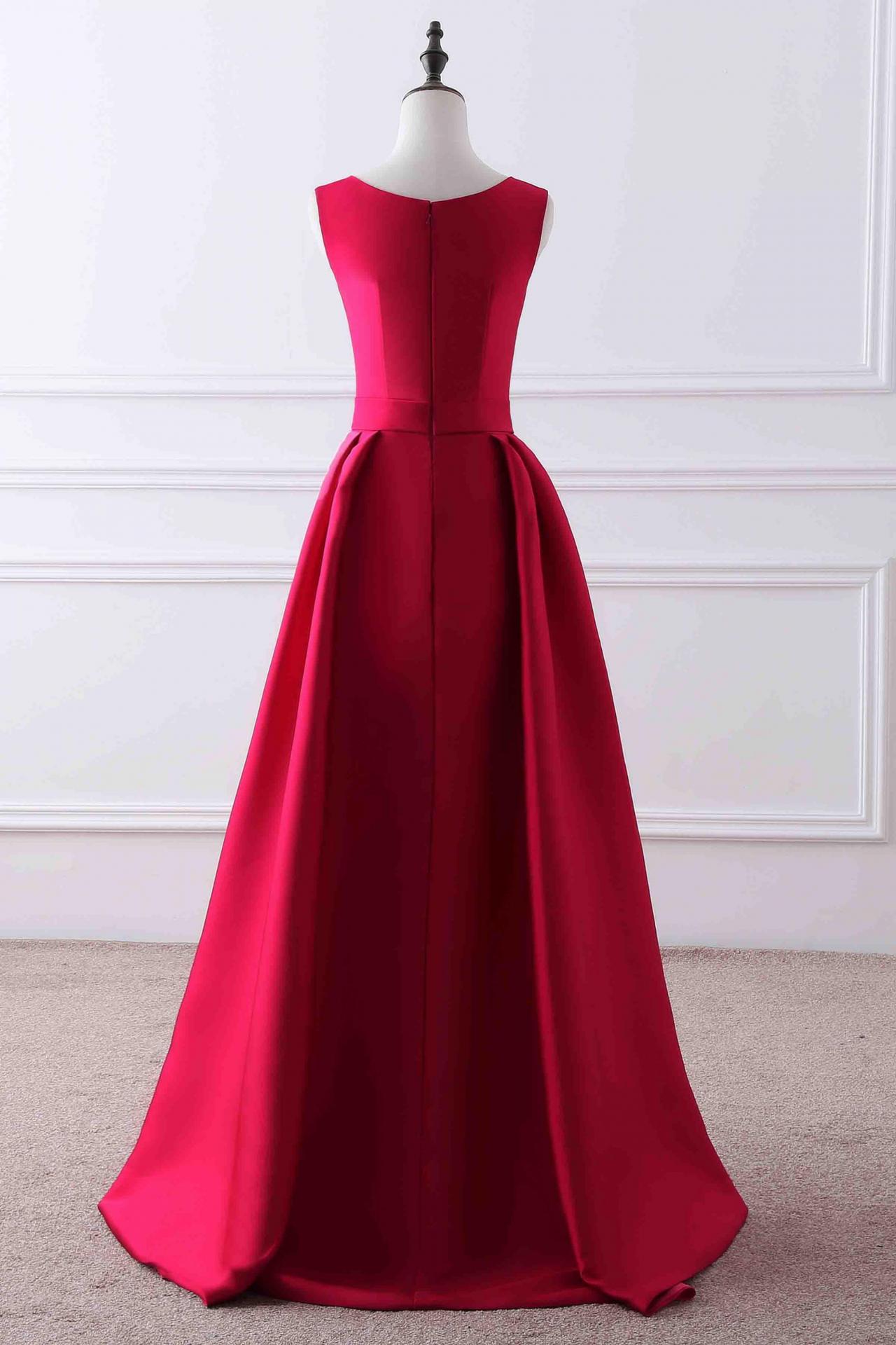 Red Matte Satin Prom Dress,round Neck High Low Train Evening Dress on ...