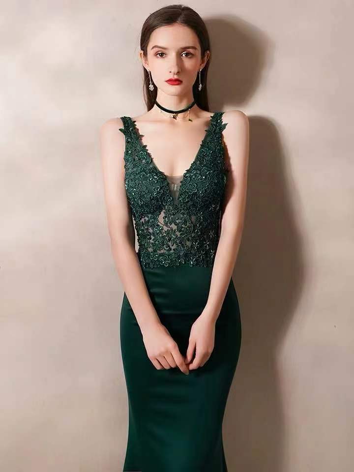 Green Party Dress Deep V Neck Evening Dress Mermaid Long Prom Dress ...