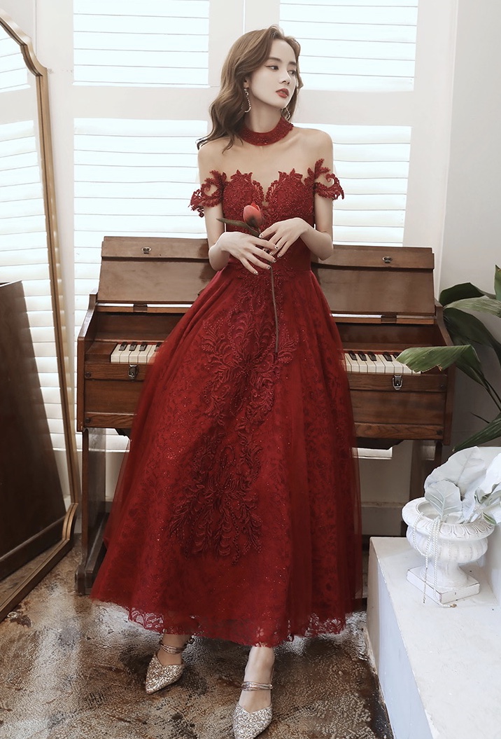 High Neck Prom Dress,red Party Dress,charming Lace Dress,custom Made on ...