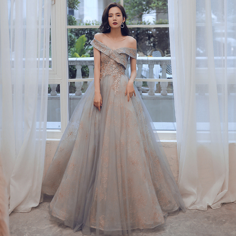 Embroidered Ball Gown,off -shoulder Dreamy Dress,gray Evening Gown ...