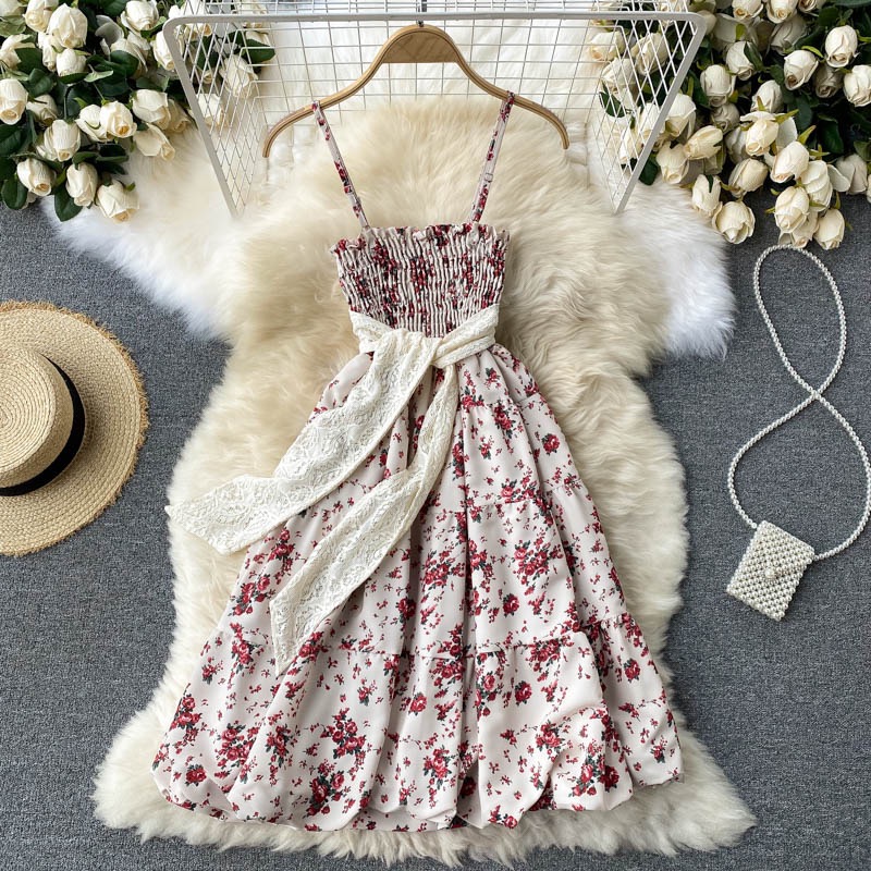 Sweet Floral Dress, Spaghetti Trap Dress With Lace Belt on Luulla