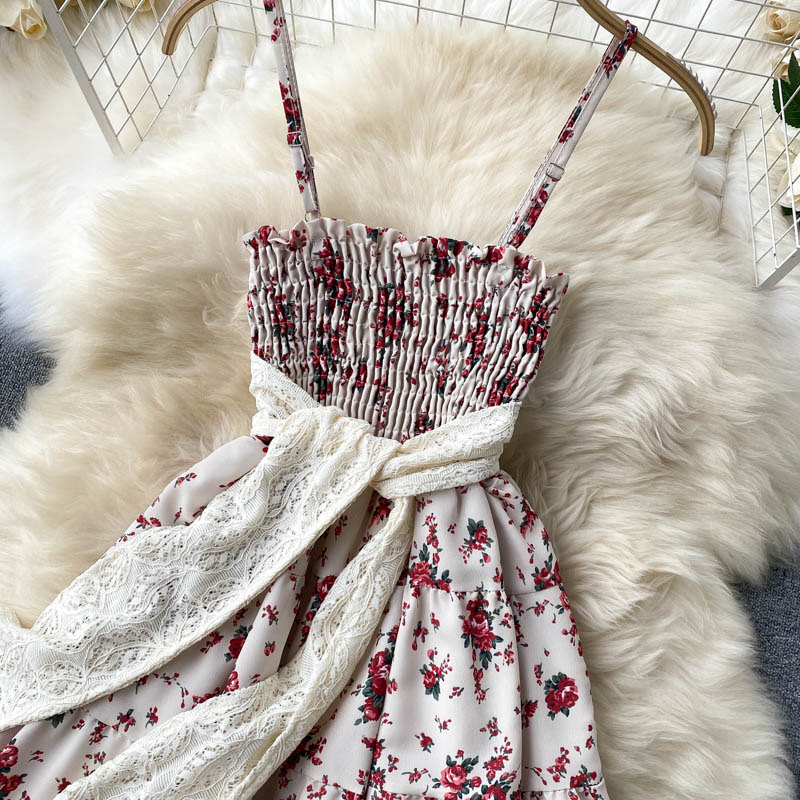 Sweet Floral Dress, Spaghetti Trap Dress With Lace Belt on Luulla