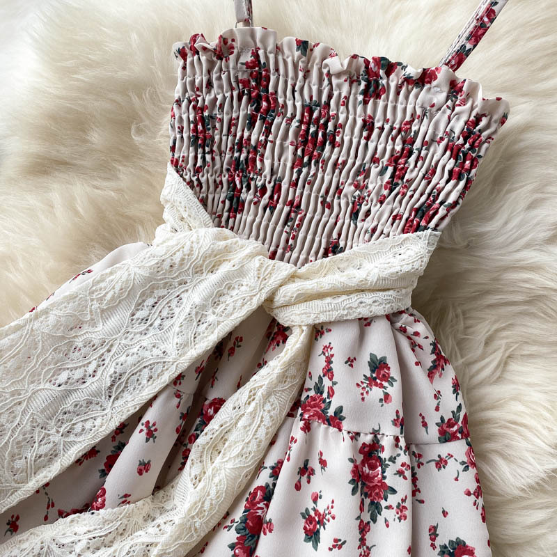 Sweet Floral Dress, Spaghetti Trap Dress With Lace Belt on Luulla