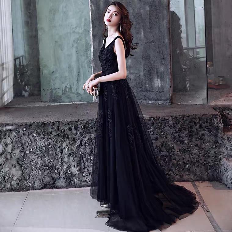 Black Evening Dress, Temperament V-neck Prom Dress, Long Tail Dress ...