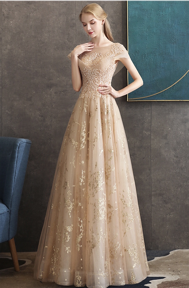 Champagne Gold Prom Dress, Starry Night Prom Gown,o-neck Party Dress ...