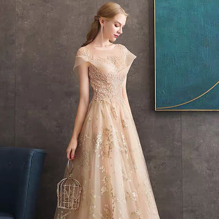 Champagne Gold Prom Dress, Starry Night Prom Gown,o-neck Party Dress ...