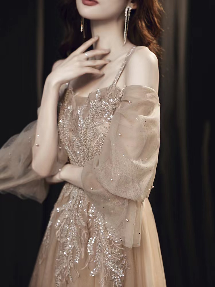 Elegant, Socialite Party Dress, Champagne Off Shoulder Prom Dress ...