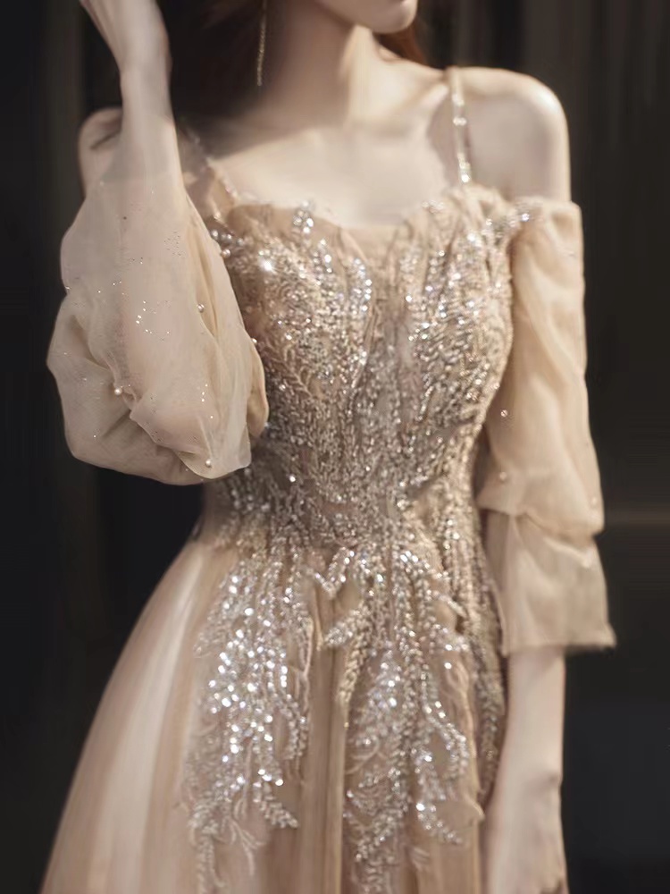 Elegant, Socialite Party Dress, Champagne Off Shoulder Prom Dress ...