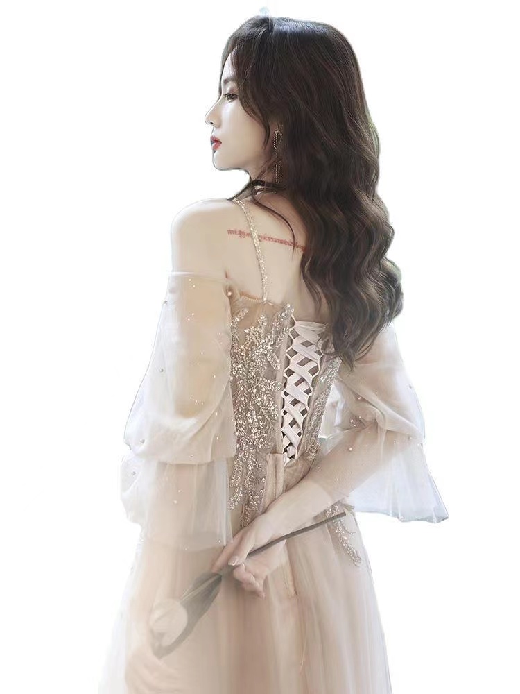 Elegant, Socialite Party Dress, Champagne Off Shoulder Prom Dress ...