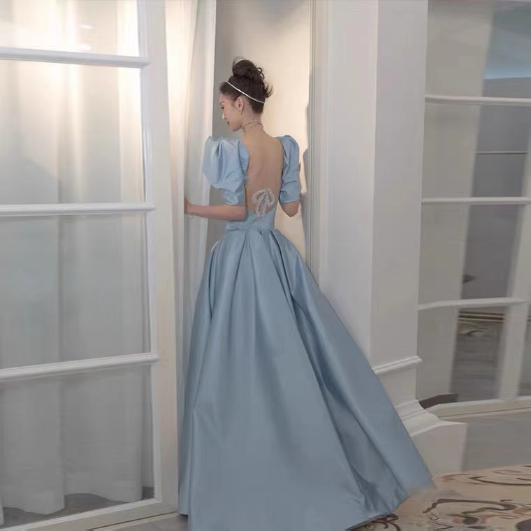 Blue Evening Dress, Temperament Bubble Sleeve Party Dress, Socialite ...