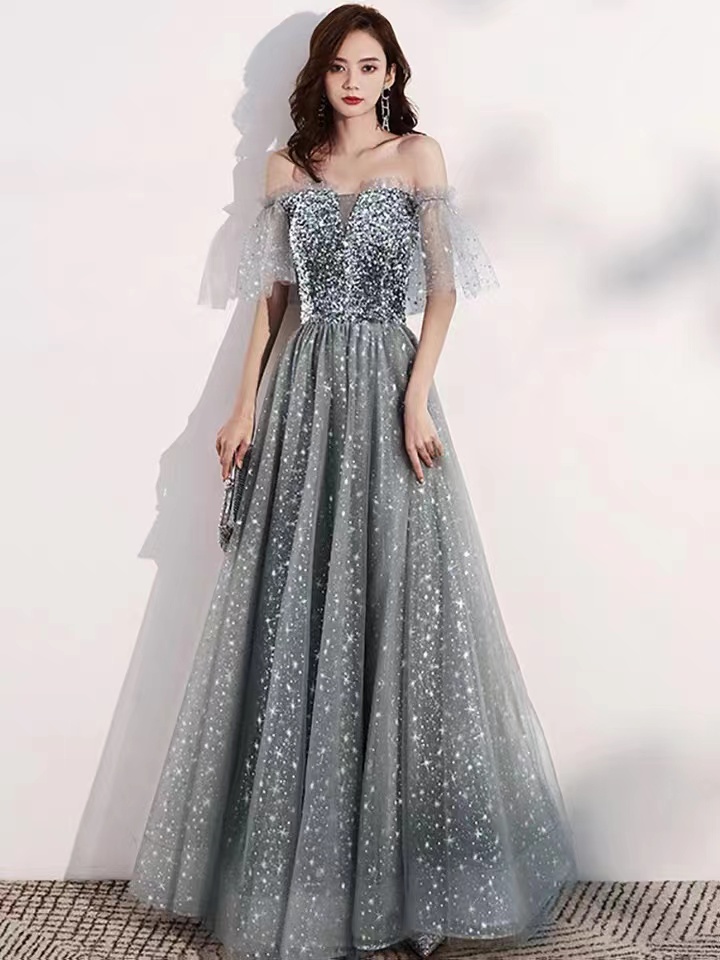 Gray Evening Dress, Off Shoulder Prom Dress,shiny Party Dress,dream ...