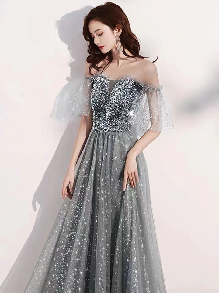 Gray Evening Dress, Off Shoulder Prom Dress,shiny Party Dress,dream ...