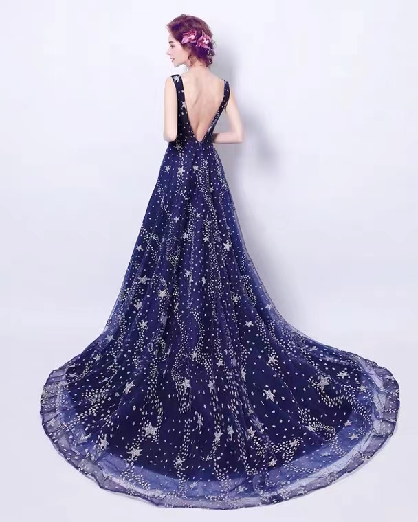 Navy Blue Backless Dress, Birthday Party Dress, Glitter Wedding Dress ...