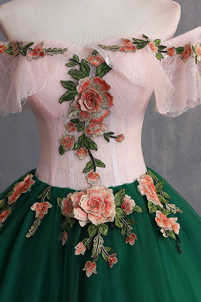 Green Tulle Lace Long Prom Dress, Cute Off Shoulder Evening Dress Party ...