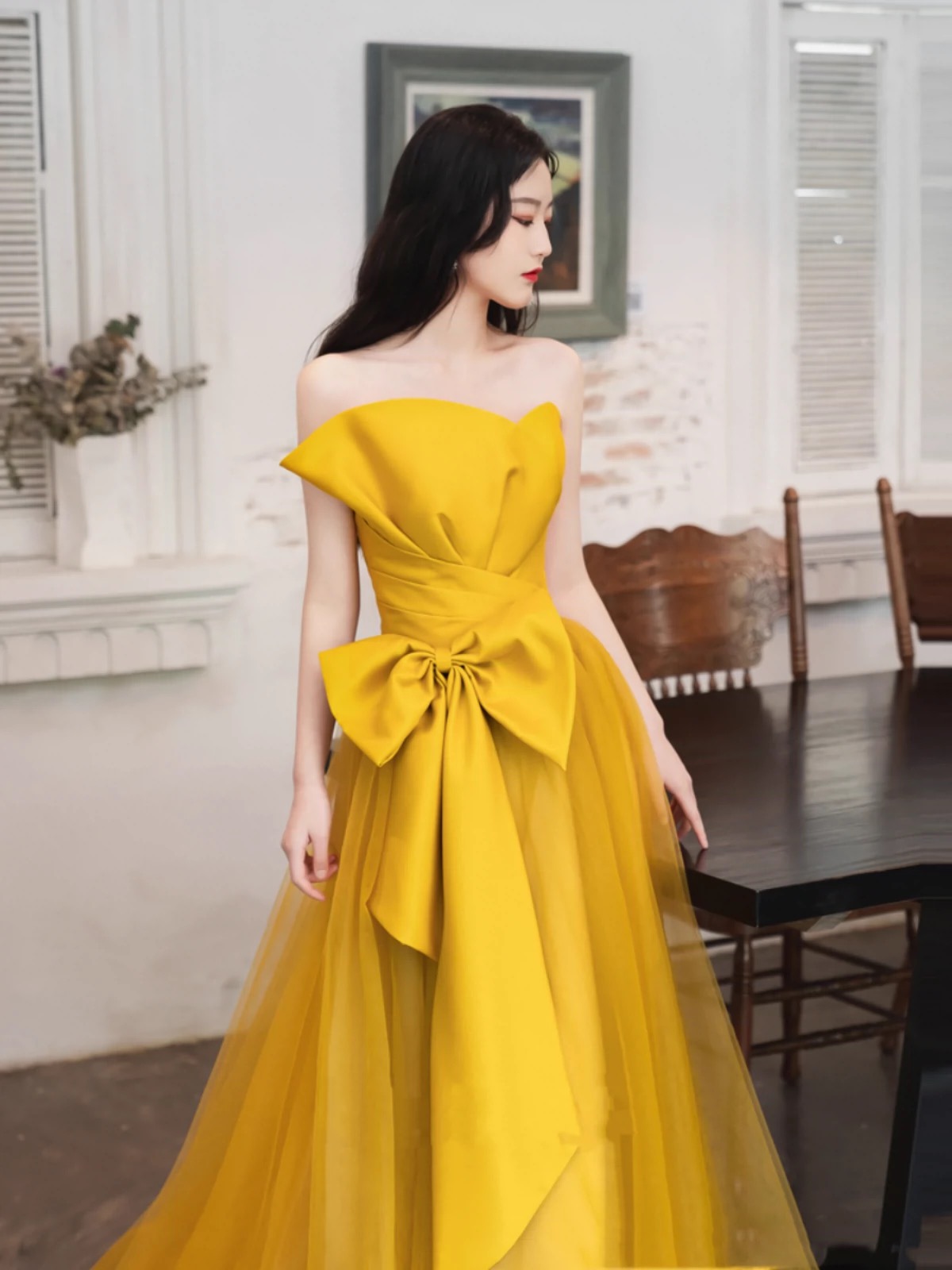 Unique Strapless Yellow Prom Dress, Bright Evening Dress, Chic Party ...
