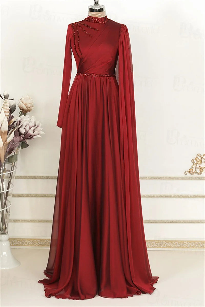 Elegant Maroon Chiffon Evening Dress With Cape on Luulla