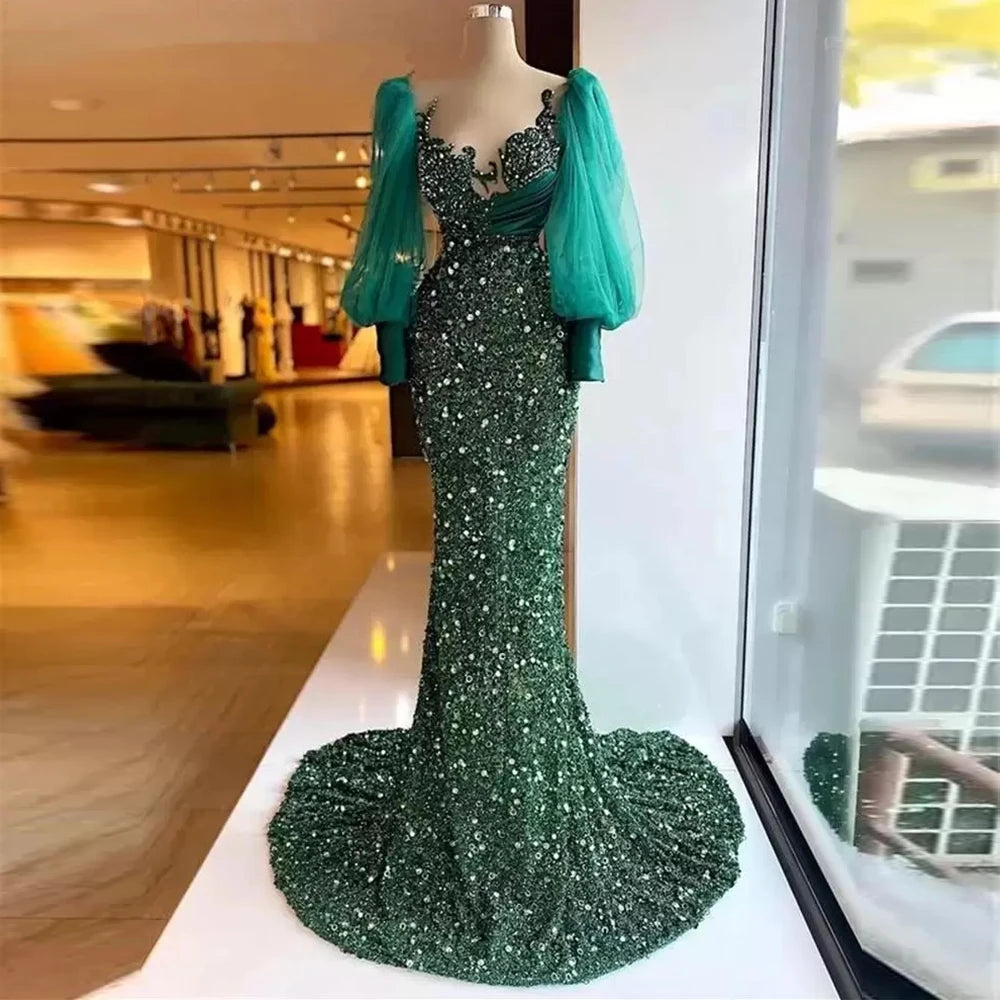 Emerald Green Sequin Gown With Sheer Sleeves on Luulla