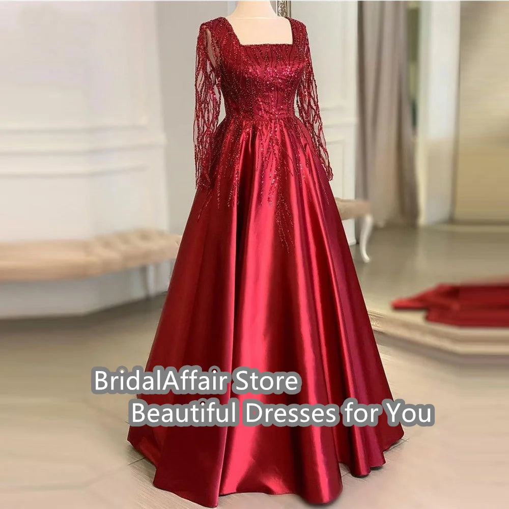 Elegant Red Satin Evening Gown With Sleeves on Luulla