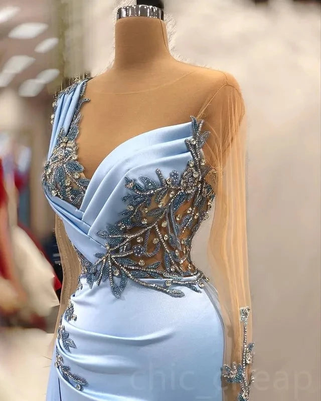 Elegant Light Blue One-shoulder Evening Gown on Luulla