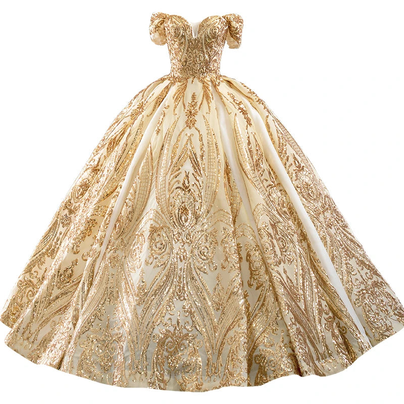Gold Off-shoulder Sequined Ball Gown Dress on Luulla