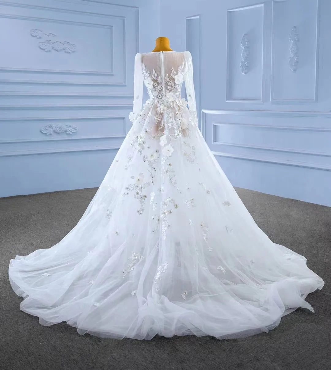 Elegant Long Sleeve Floral Lace Wedding Gown on Luulla