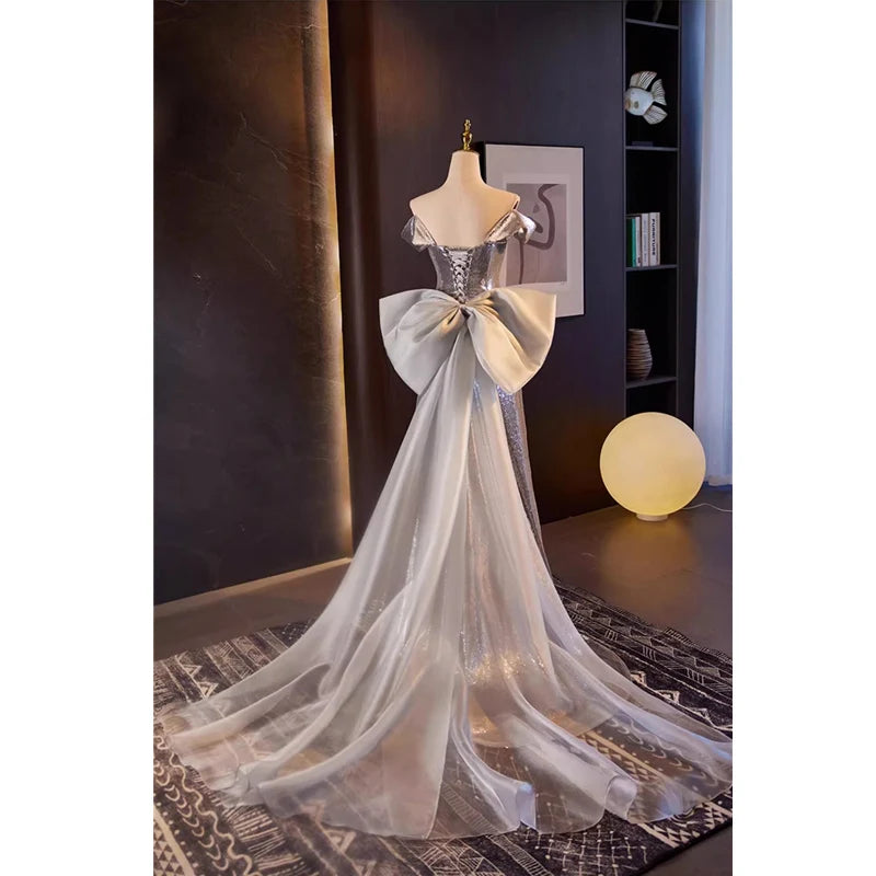 Elegant Silver Off-shoulder Evening Gown Dress on Luulla