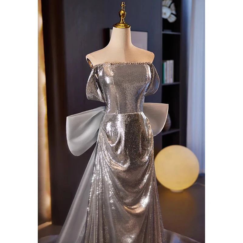 Elegant Silver Off-shoulder Evening Gown Dress on Luulla