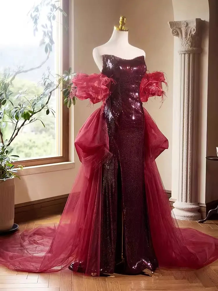 Sequin Burgundy Gown With Dramatic Tulle Sleeves on Luulla
