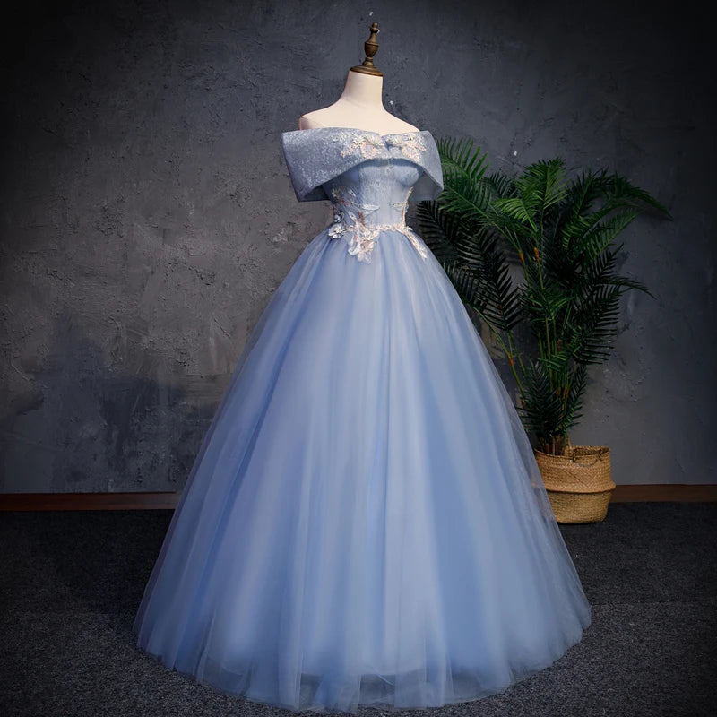 Off-shoulder Light Blue Tulle Evening Gown on Luulla