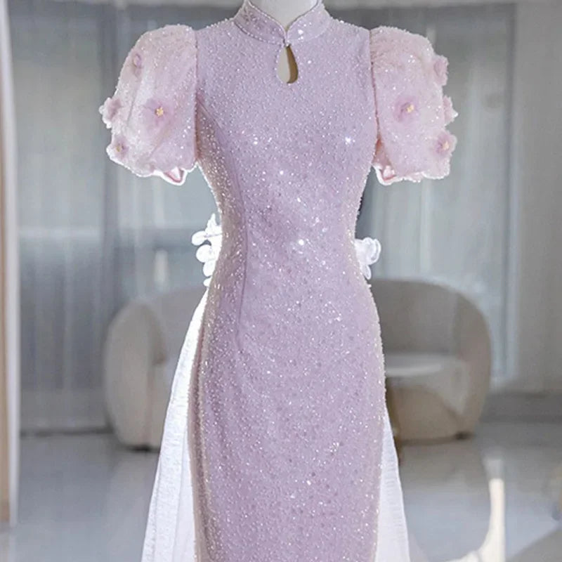 Sparkling Pink Gown With Sheer Puff Sleeves on Luulla
