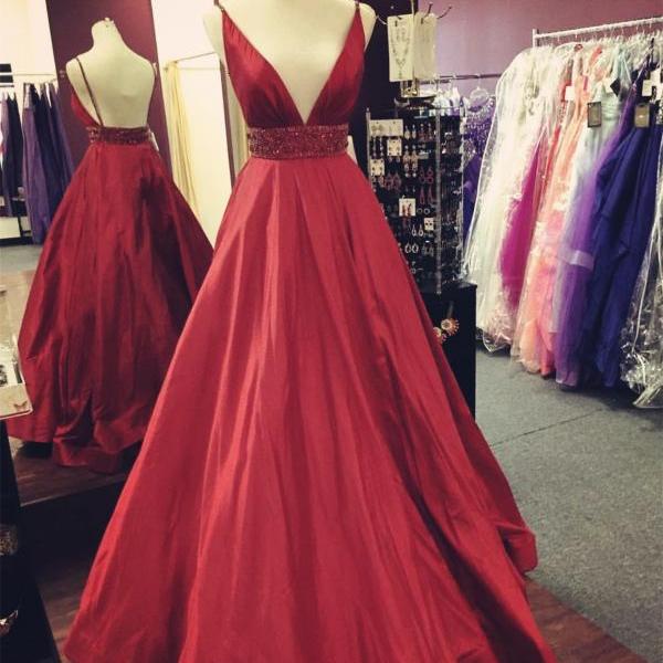 V-neck Red Satin Prom Dresses Crystals Belt Women Prom Dresses Evening ...