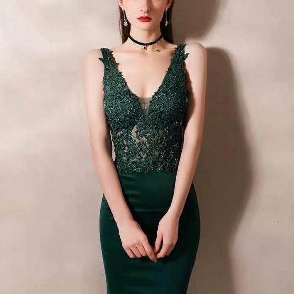 Green Party Dress Deep V Neck Evening Dress Mermaid Long Prom Dress ...