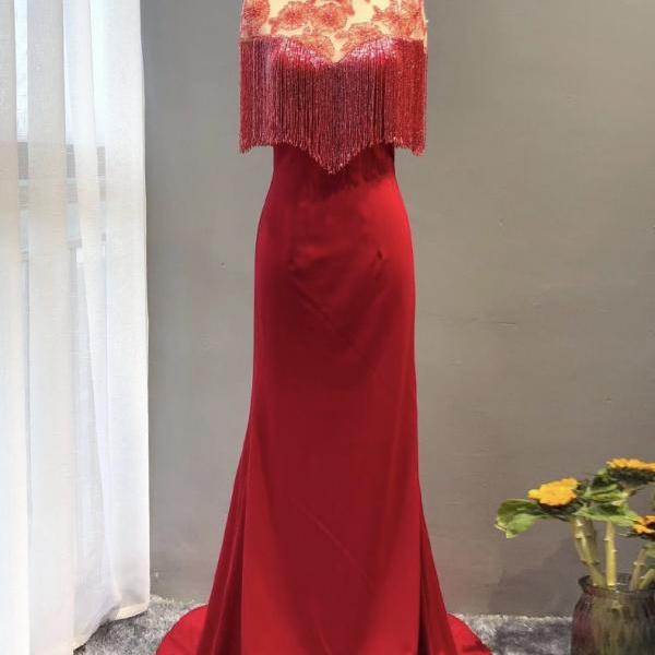 High Quality Bridal Dress, Small Bridal Mermaid Prom Dress, Red Tilted ...